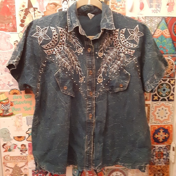 Pret | Tops | Vtg Pret M Oversized Lxl Denim Acid Jean Rhinestone Gold ...